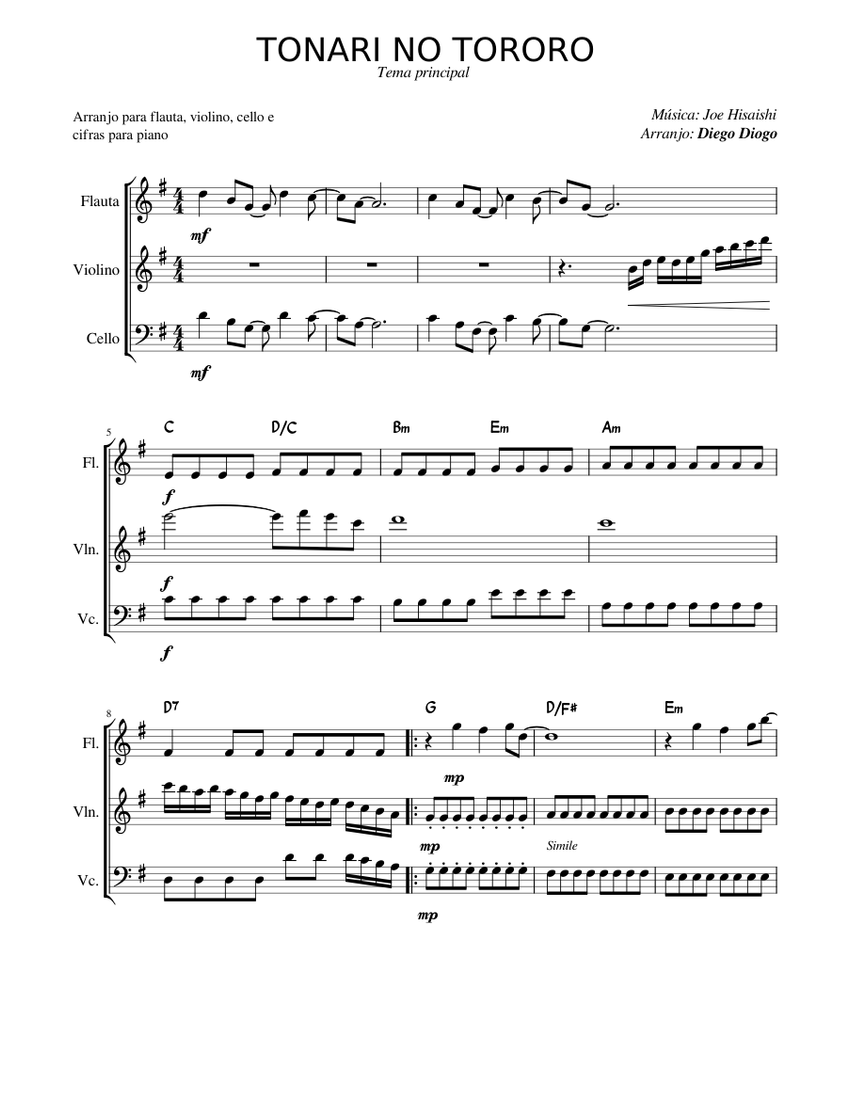 Tonari no Tororo Sheet music for Flute, Violin, Cello (Mixed Trio ...