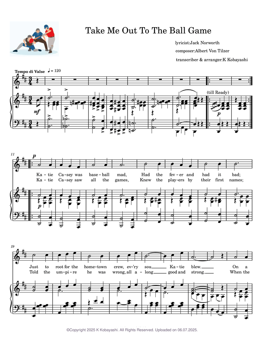Take Me out to the Ball Game – Albert Von Tilzer Sheet Music for Piano ...