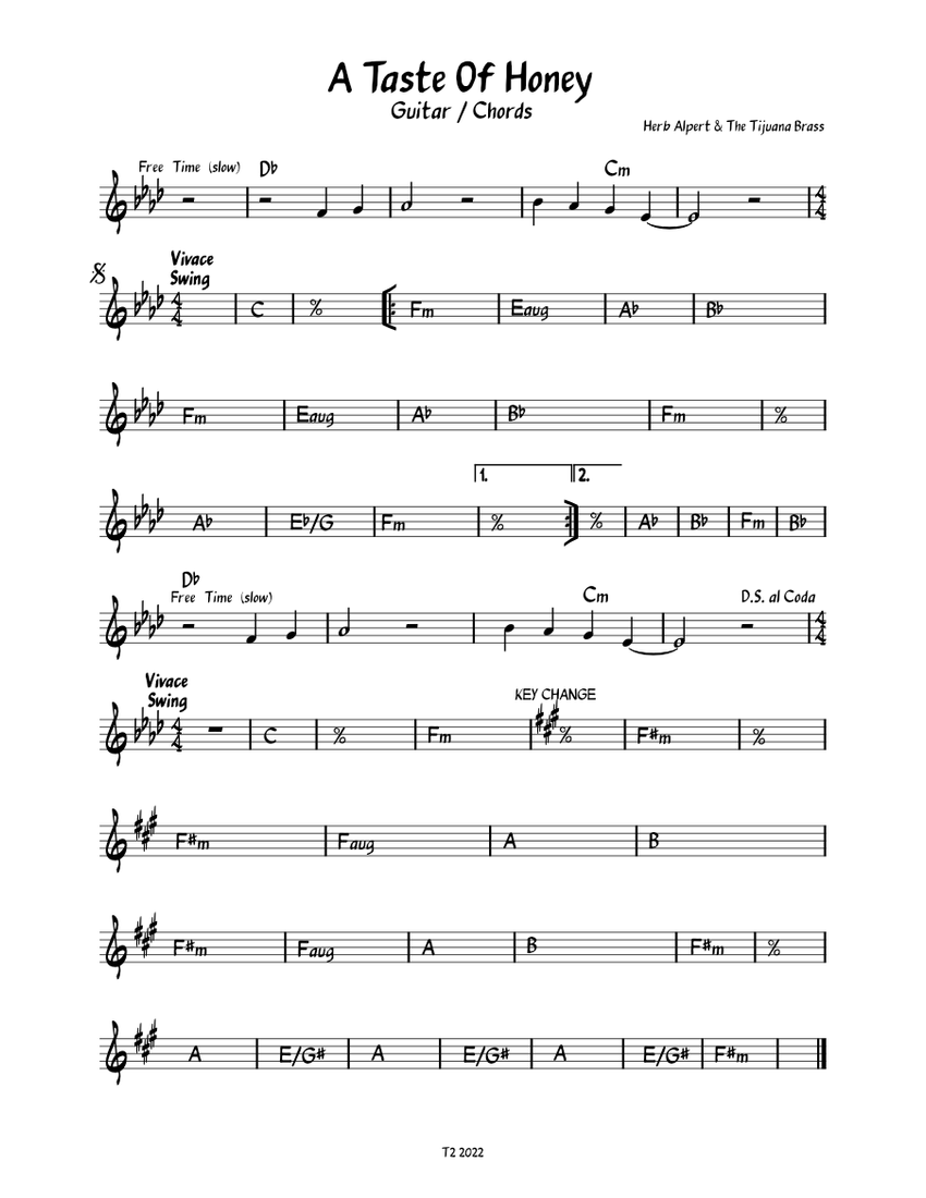 A Taste of Honey – Herb Alpert Chord Chart Sheet Music for Piano (Solo ...