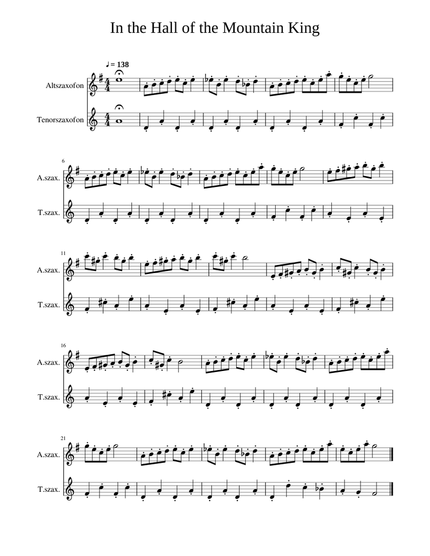 In the Hall of the Mountain King Sheet Music for Saxophone alto ...