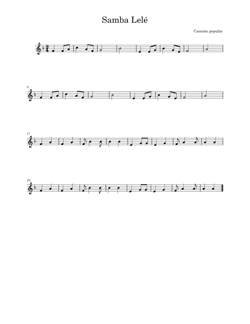 Samba Lelé- partitura – Canciones Populares Samba lele sin notas- Sheet music for Piano (Solo ...