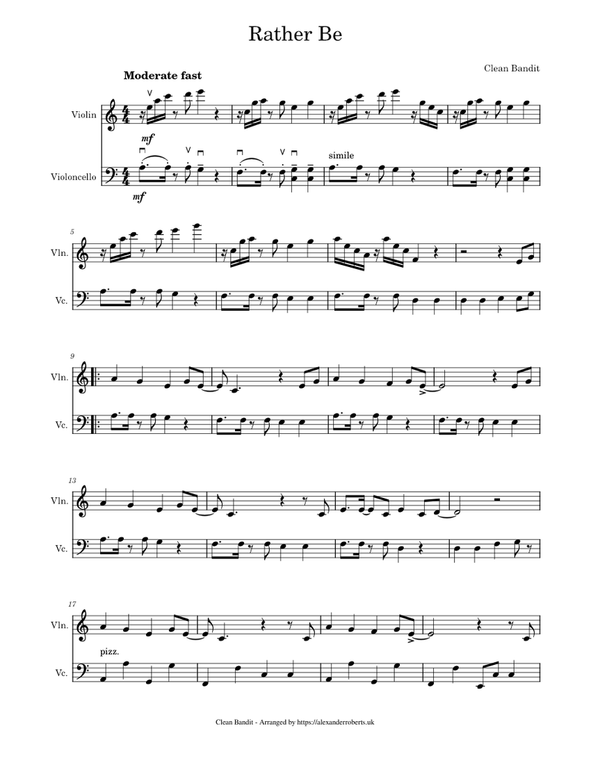 Rather Be Sheet music for Violin, Cello (String Duet) | Musescore.com