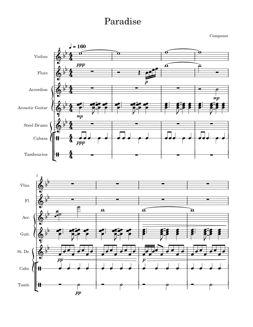 Paradise (Original Composition) Sheet Music for Accordion, Tambourine ...