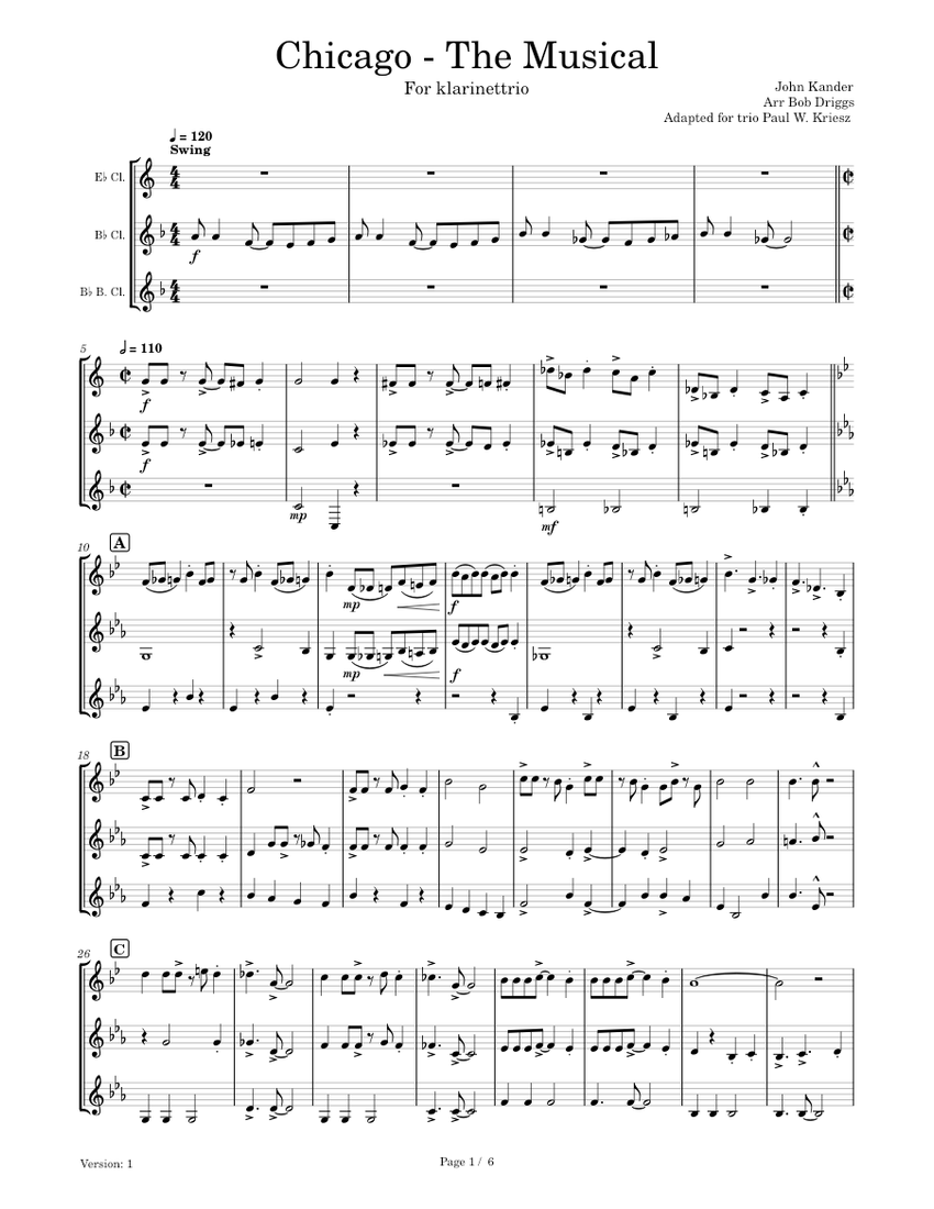 Chicago, the Musical – John Kander (Medley) Sheet music for Clarinet in ...