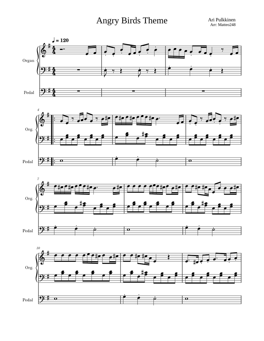 Angry Birds Theme – Ari Pulkkinen Angry Birds Theme Sheet Music for ...