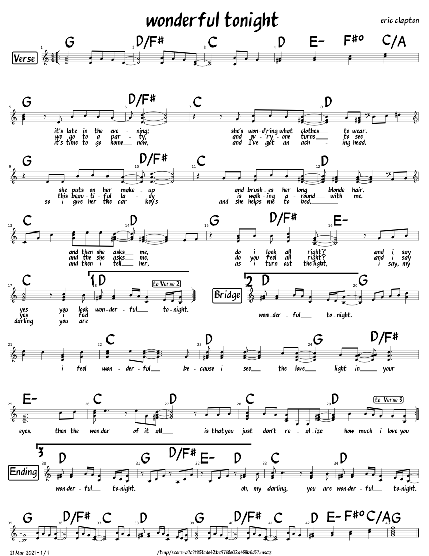 Wonderful Tonight – Eric Clapton Sheet Music with Chords for Piano ...