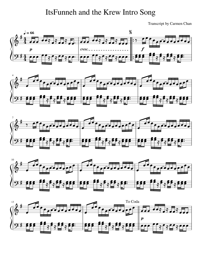 Its Funneh and the Krew Intro Songs – Youtube Sheet Music for Piano ...