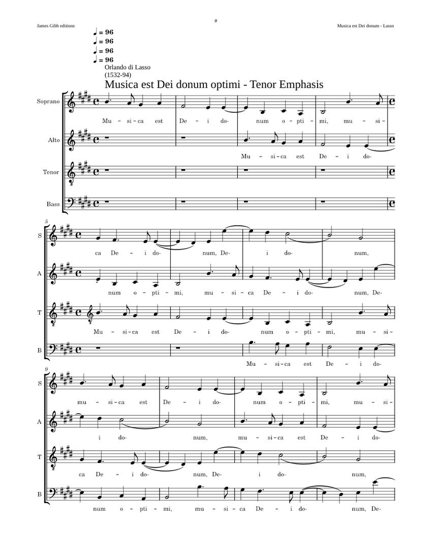 Musica est Dei donum optimi – Orlando di Lasso – Tenor Emphasis Sheet ...