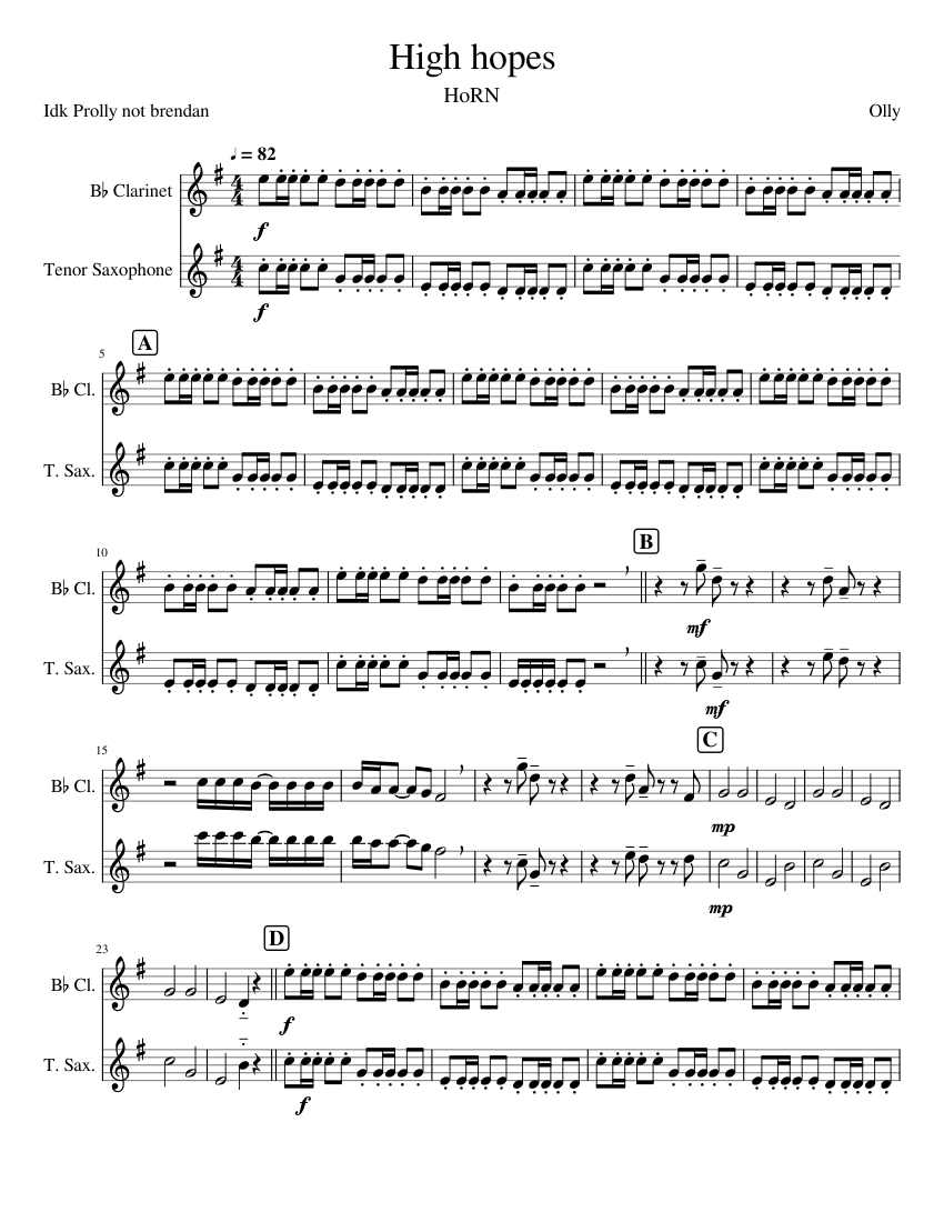 High hopes Sheet music for Clarinet in b-flat, Saxophone tenor ...