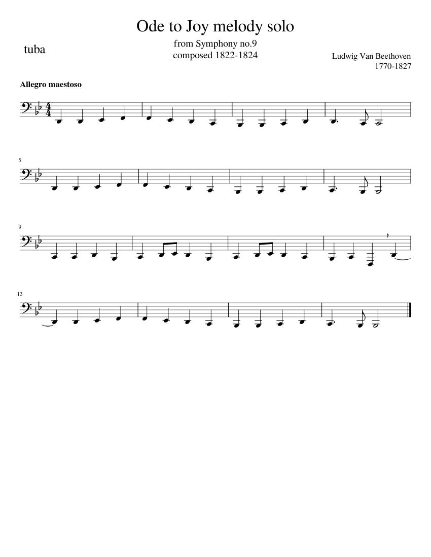 Ode to Joy melody solo tuba BflatM Sheet Music for Violin (Solo ...