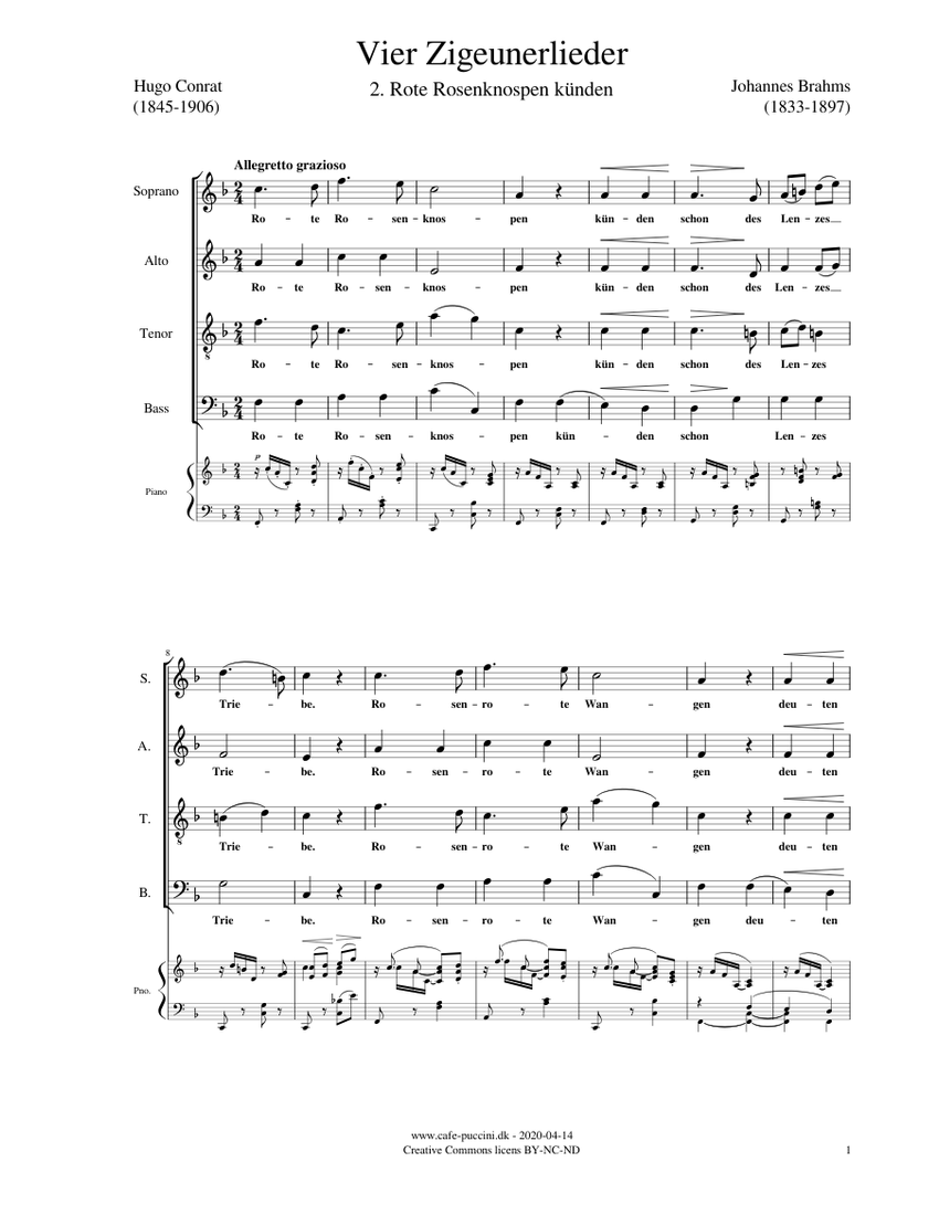 Brahms -- Vier Zigeunerlieder, No. 2 - opus 112 Sheet Music for Piano ...