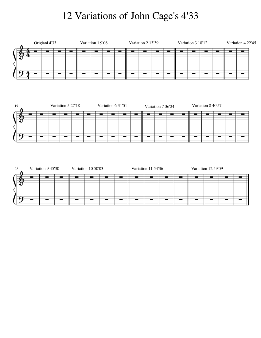 12 Variations of John Cage's 4'33 Sheet Music for Piano (Solo) easy ...
