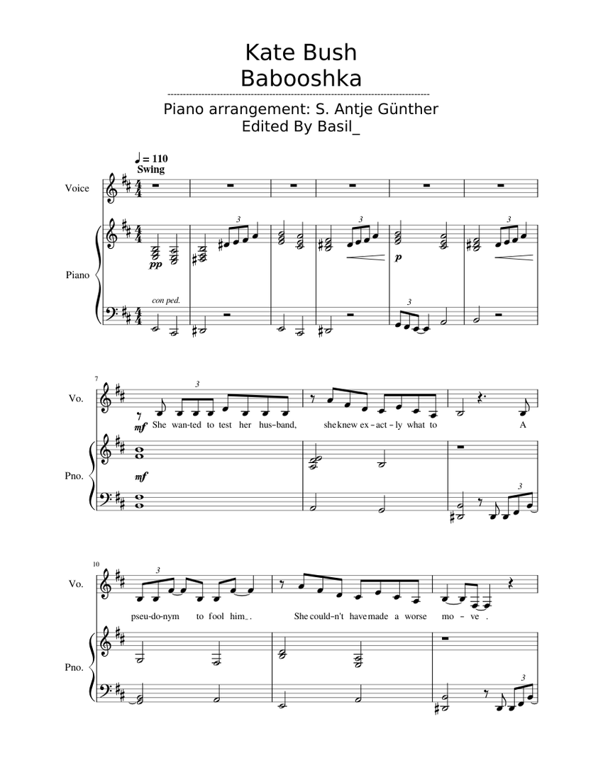Babooshka – Kate Bush Babooshka Kate Bush alto key- Piano Vocal Sheet ...