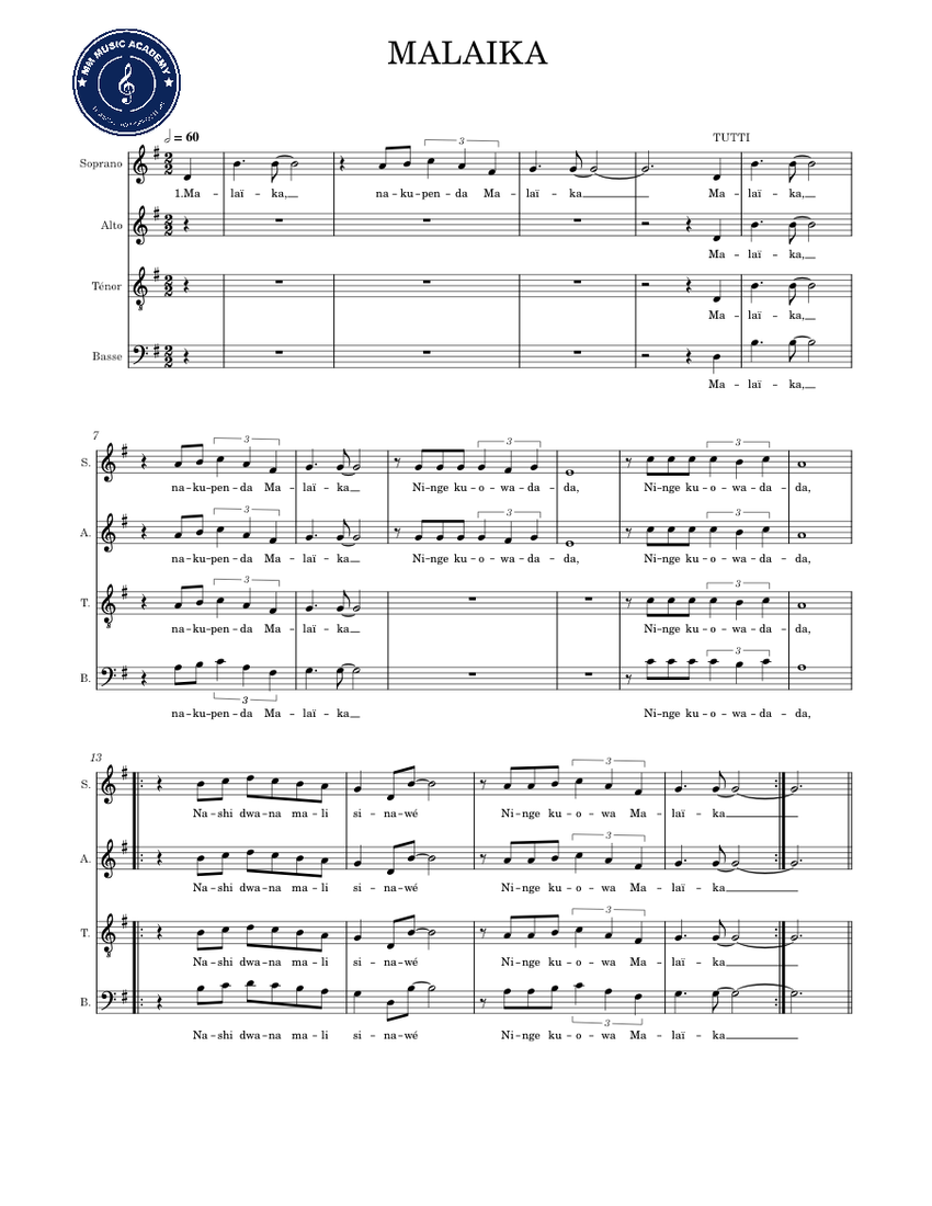 Malaika Nakupenda choir score Sheet Music for Soprano, Alto, Tenor ...