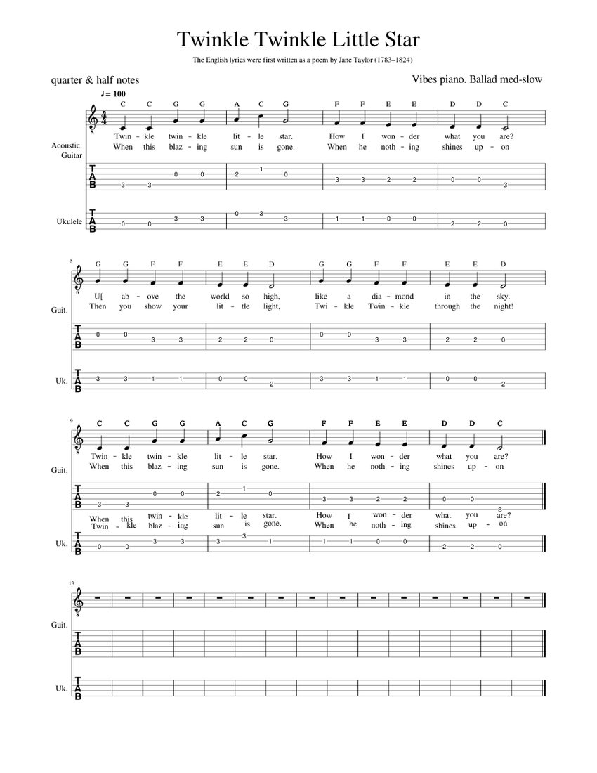 Twinkle Twinkle Uke tab only Sheet music for Guitar, Ukulele (Mixed ...