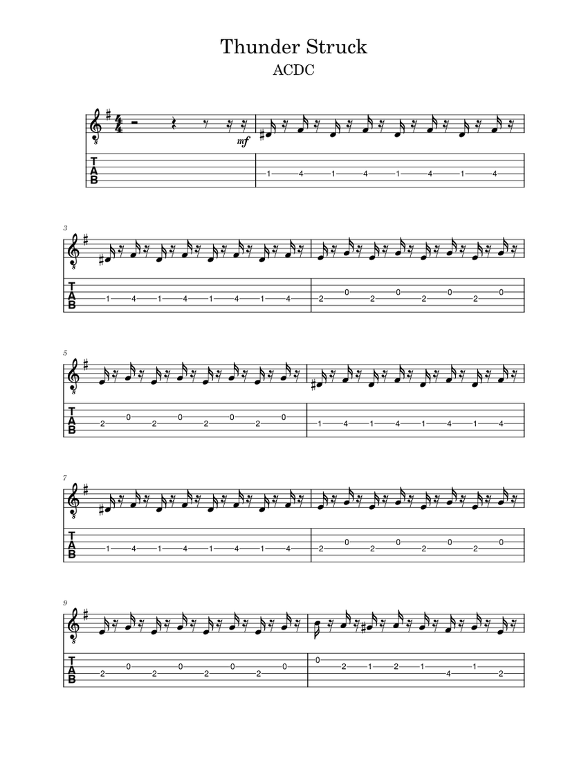 Thunderstruck – AC/DC Sheet Music and Tab for Guitar (Solo) | MuseScore.com