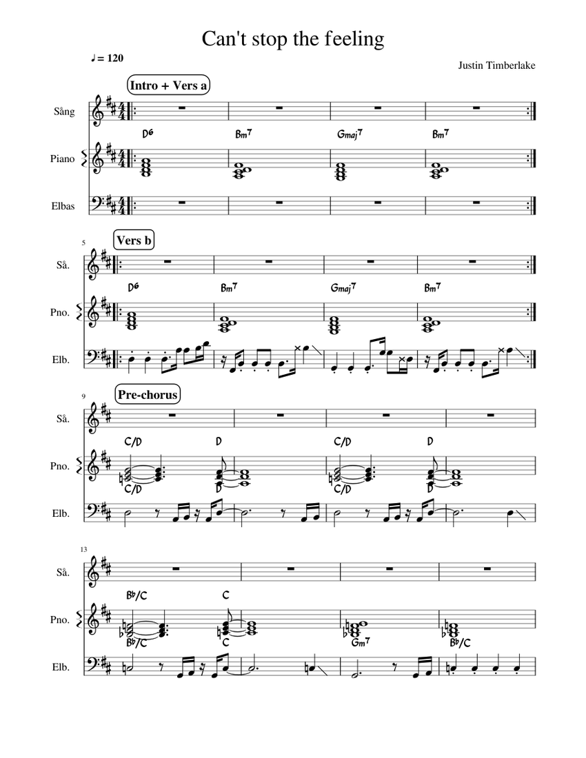 Can't stop the feeling Sheet music for Piano, Vocals, Bass guitar ...