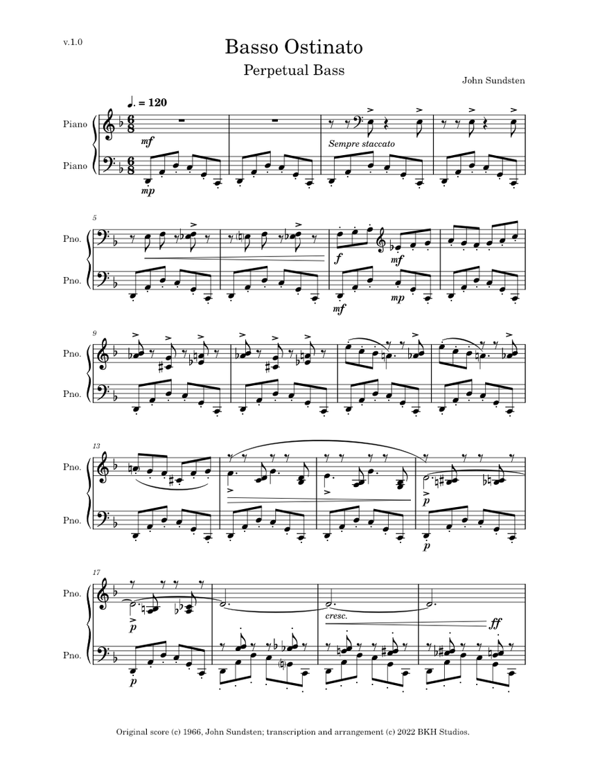 Basso Ostinato – John Sundsten Sheet Music for Piano (Solo) | MuseScore.com