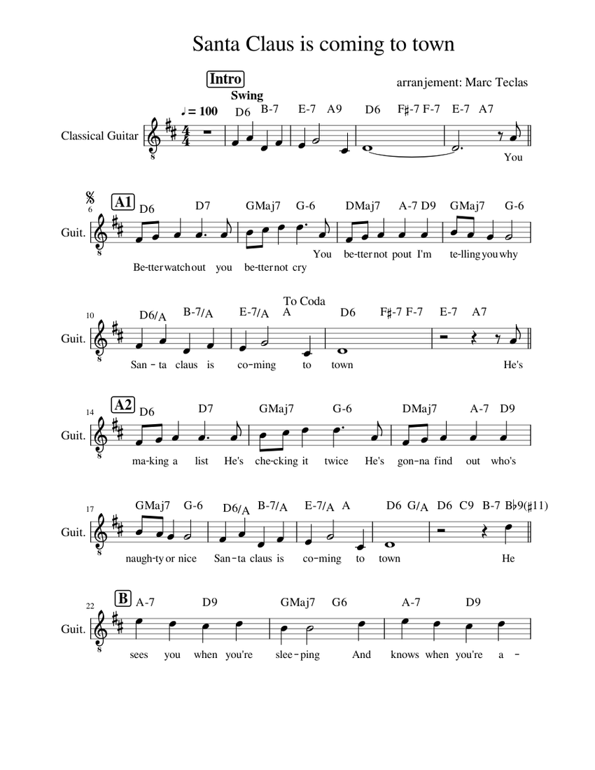 Santa Claus is coming to town Sheet Music with Chords for Guitar (Solo ...