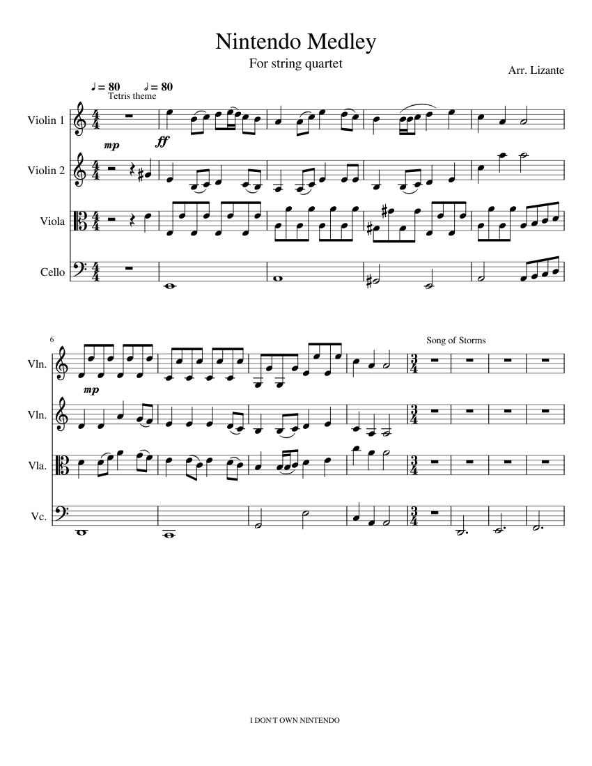 Nintendo Medley Sheet music for Violin, Viola, Cello (String Quartet ...