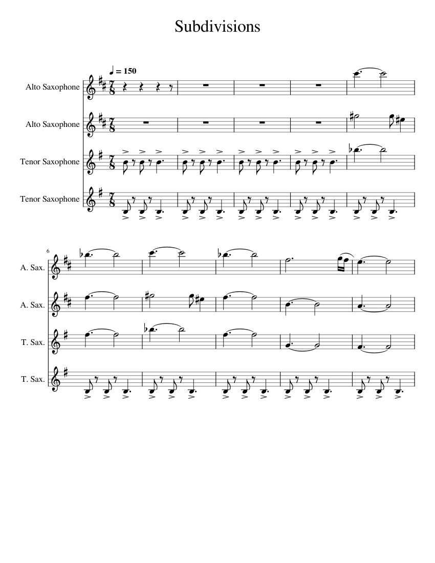 Subdivisions 4 saxes Sheet Music for Saxophone alto, Saxophone tenor ...