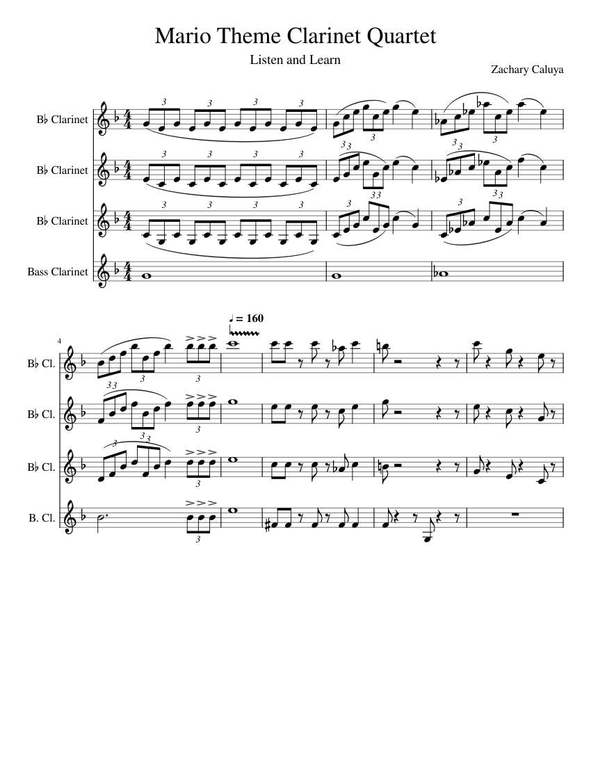 Mario Theme Clarinet Quartet Sheet music for Clarinet in b-flat ...