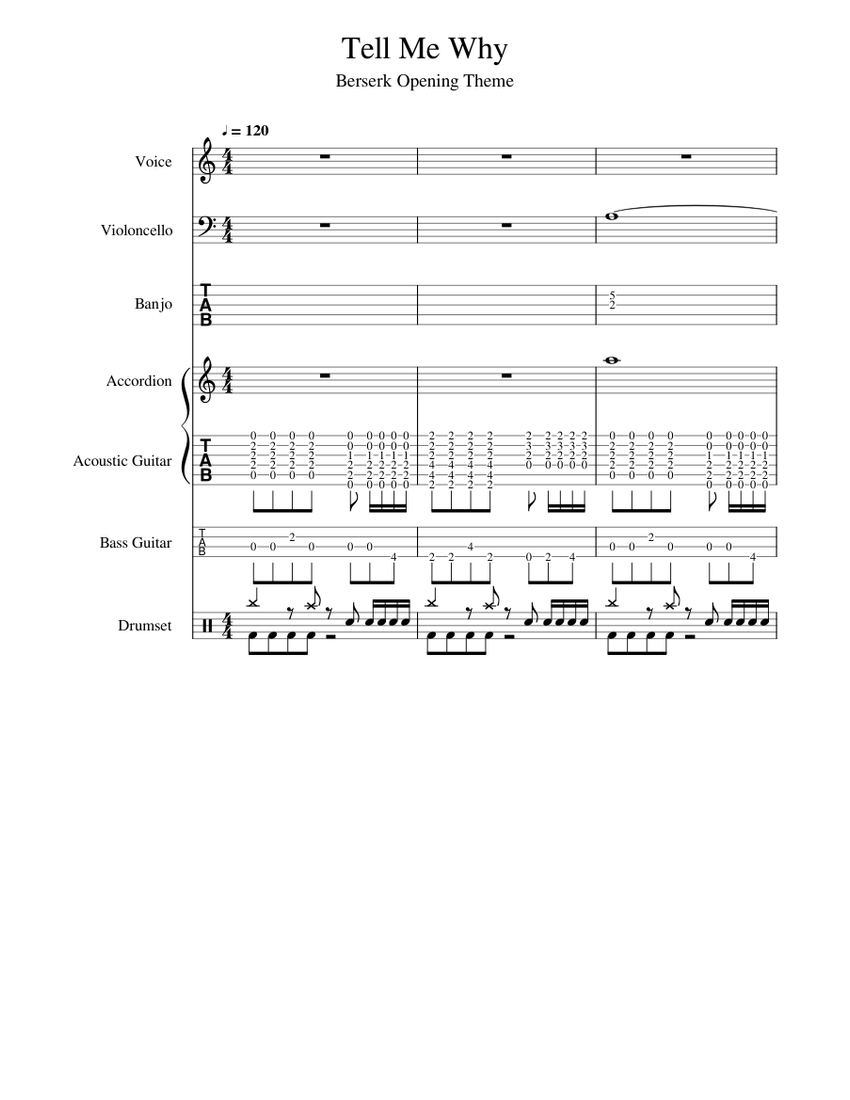 Tell Me Why Sheet Music and Tab for Accordion, Vocals, Cello, Guitar ...