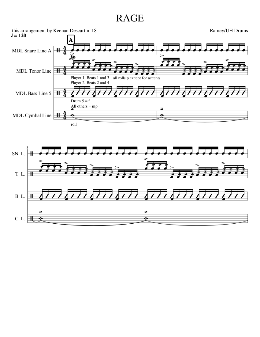 RAGE Sheet music for Snare drum, Crash, Tenor drum, Bass drum ...