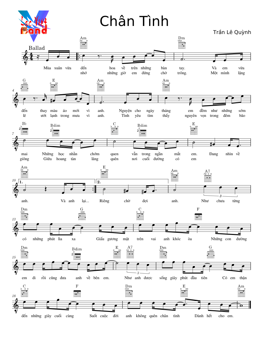 Chân Tình Sheet Music with Chords for Guitar (Solo) | MuseScore.com