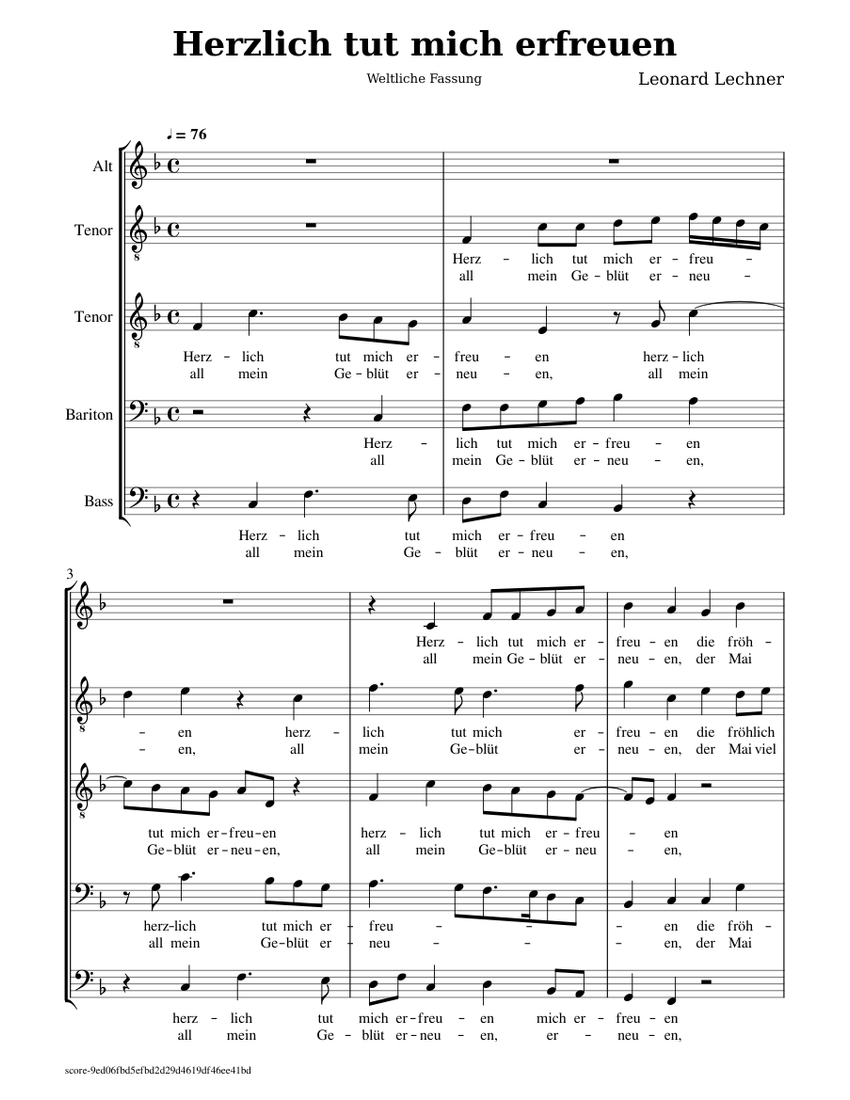 Herzlich tut mich erfreuen - Leonard Lechner Sheet music for Alto ...