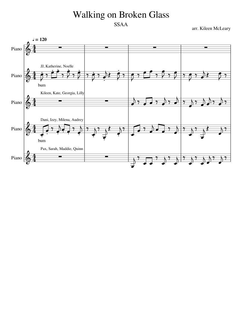 Walking on Broken Glass Sheet Music for Piano (Mixed Quintet ...