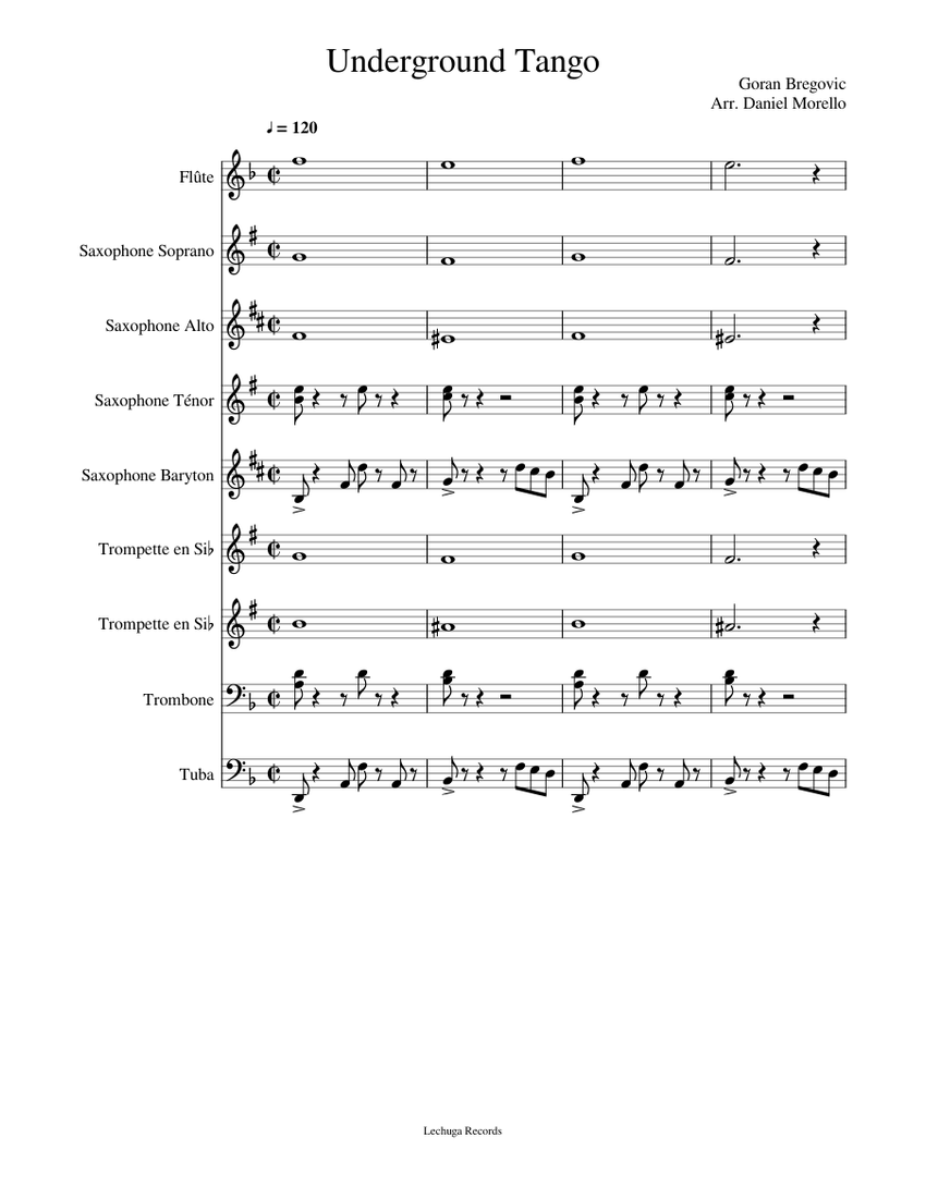 Underground Tango Sheet Music for Trombone, Tuba, Flute, Saxophone alto ...