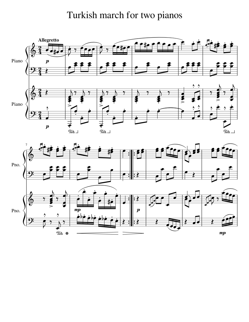 turkish march for two pianos Sheet Music for Piano (Piano Duo ...