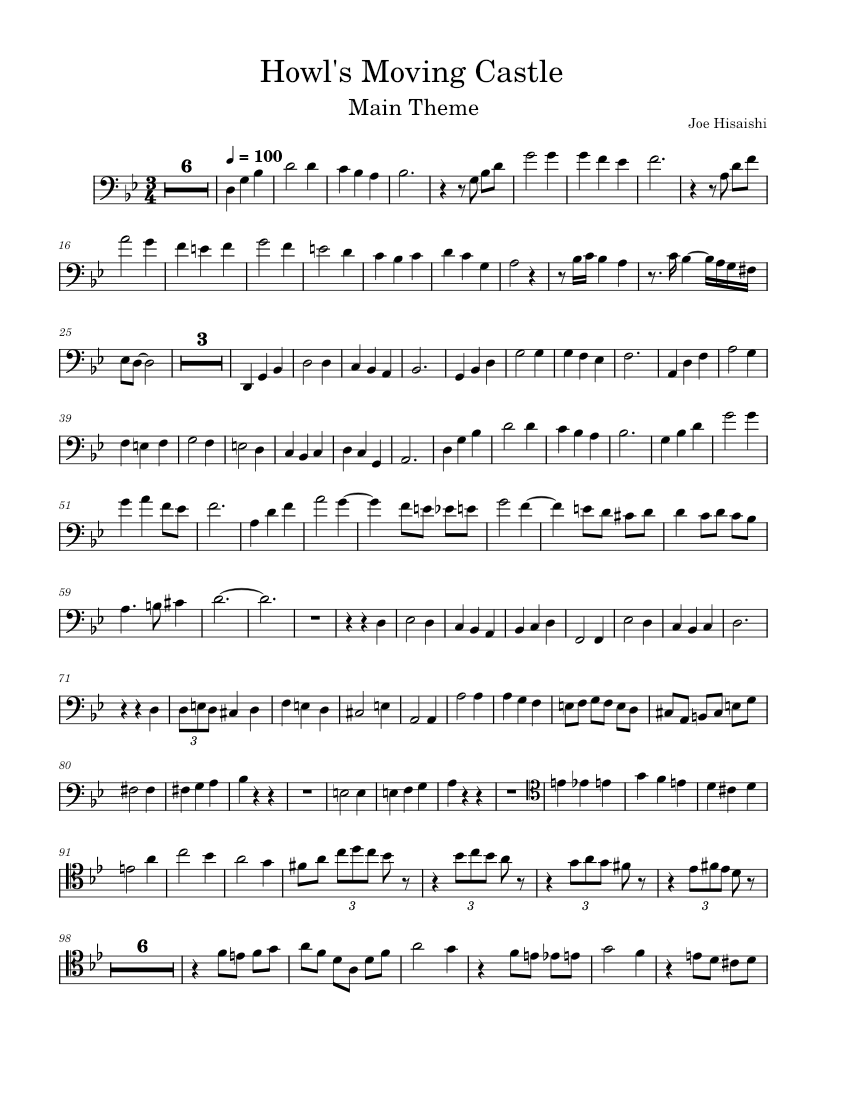 Howl's Moving Castle (Cello Solo) Sheet Music for Cello (Solo ...