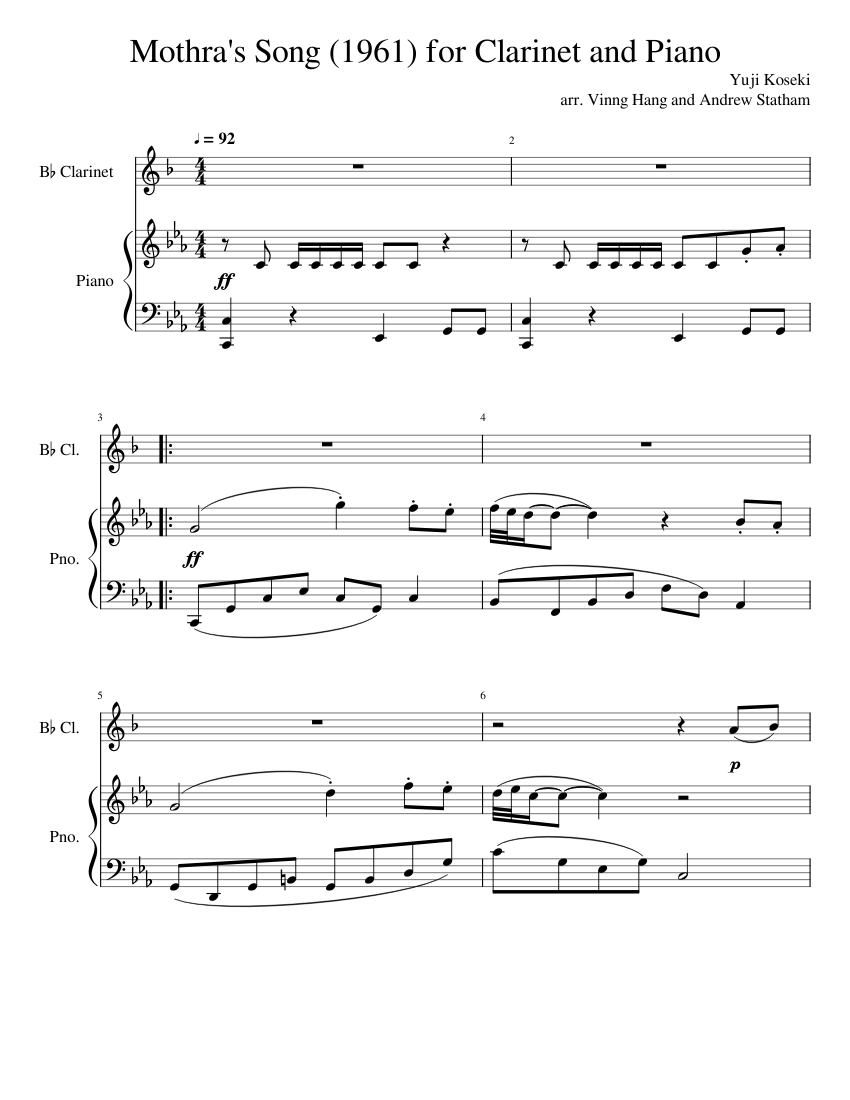 Mothra's Song (1961) for Clarinet and Piano Sheet Music for Piano ...