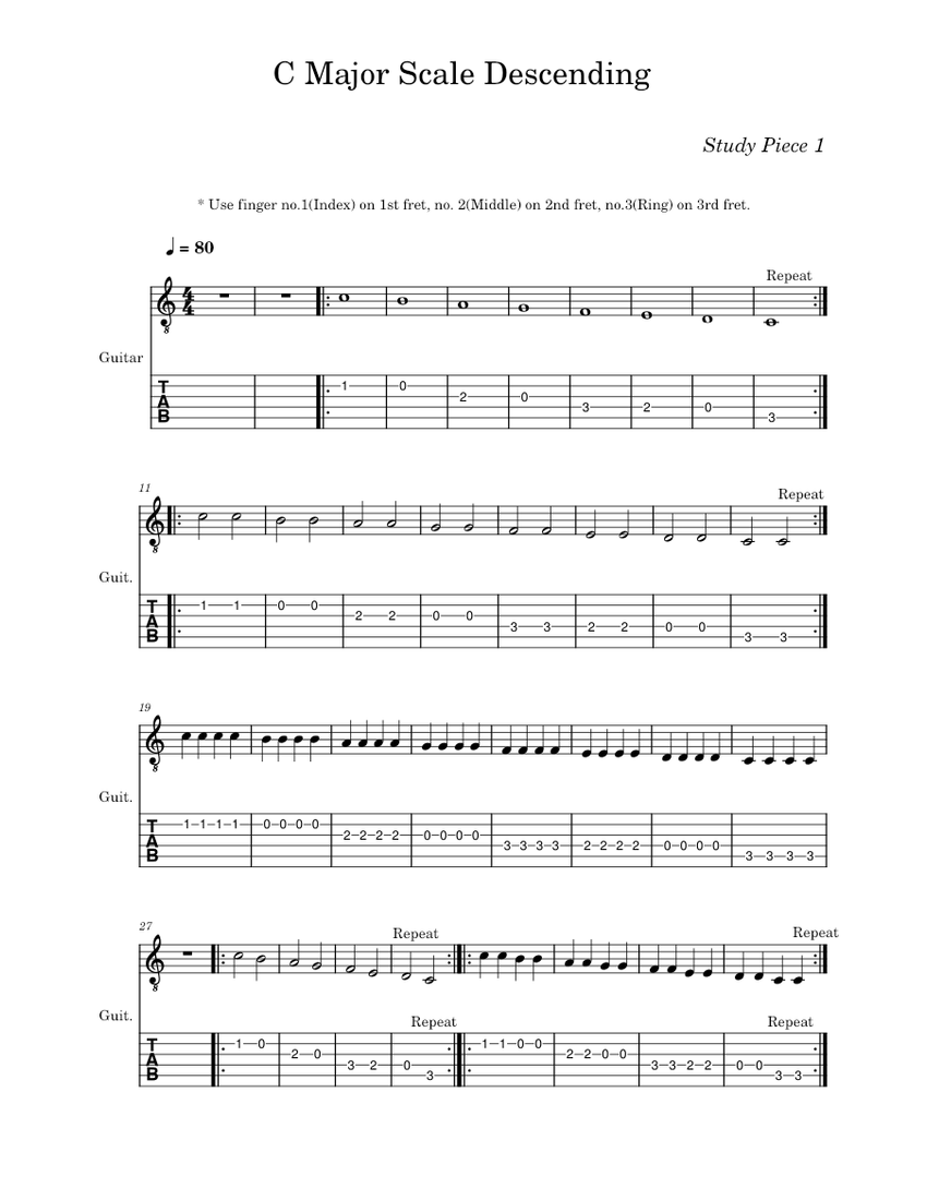 C Major Scale Descending Sheet music for Guitar (Solo) | Musescore.com