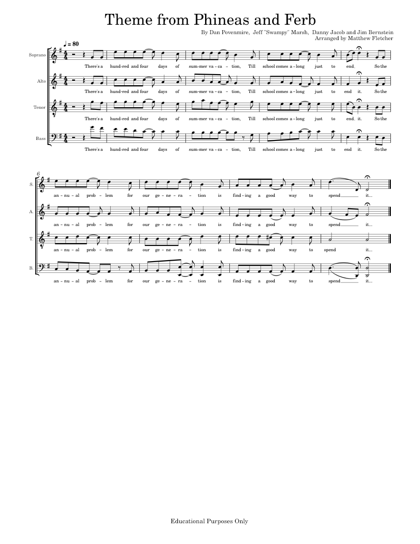 Fancy Choir Intro to Phineas and Ferb Theme Sheet music for Soprano ...