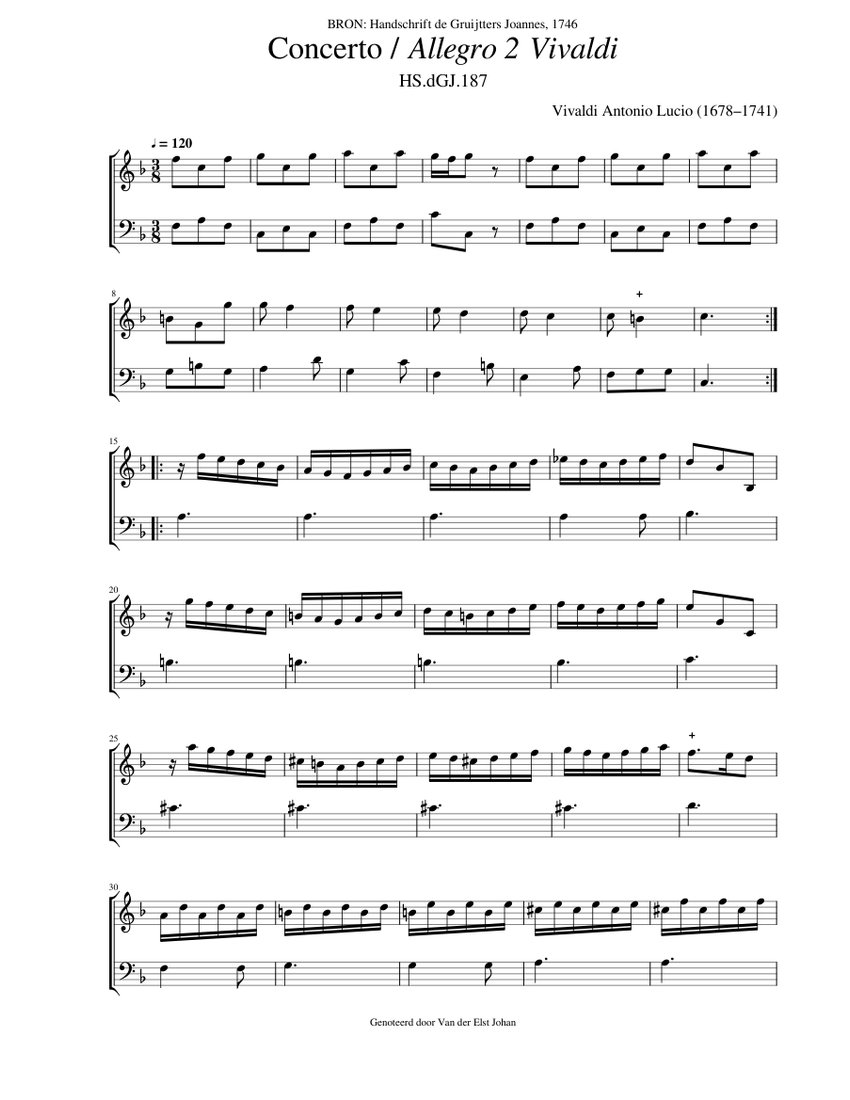Concerto / Allegro 2 Vivaldi (HS.dGJ.187) Sheet music for Violin, Cello ...