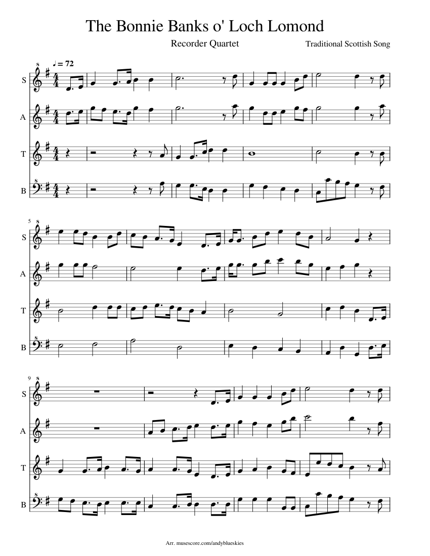 The Bonnie Banks of Loch Lomond - Recorder Quartet Sheet Music for ...