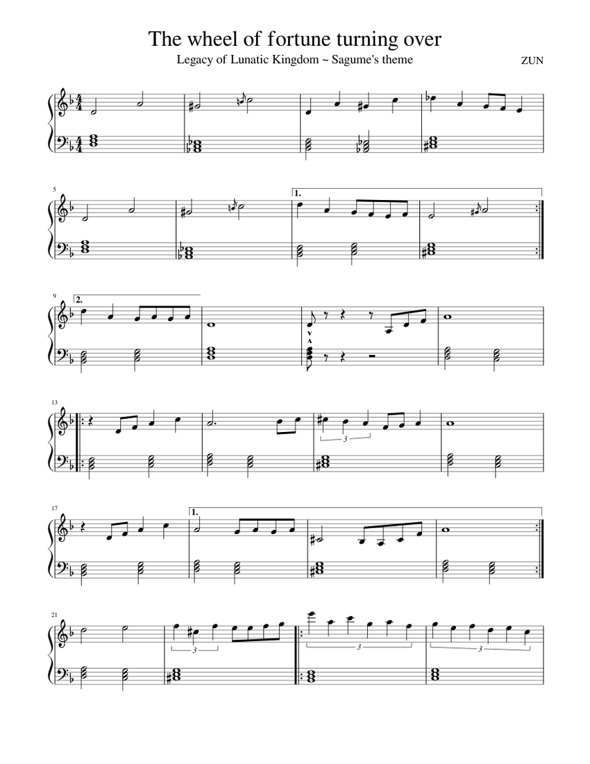 The wheel of fortune turning over Sheet Music for Piano (Solo) easy ...