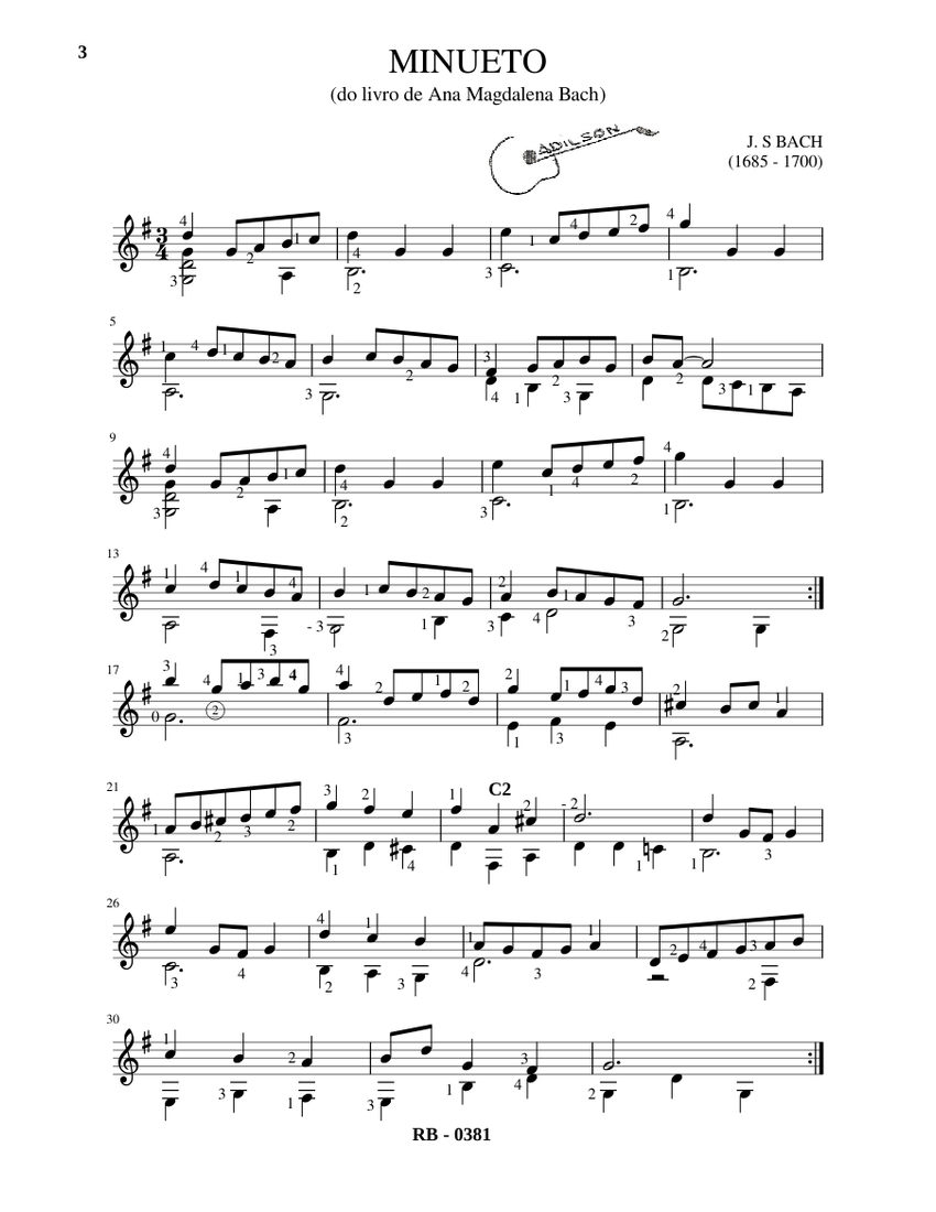 Minueto de Bach Violão Sheet Music for Piano (String Methods ...
