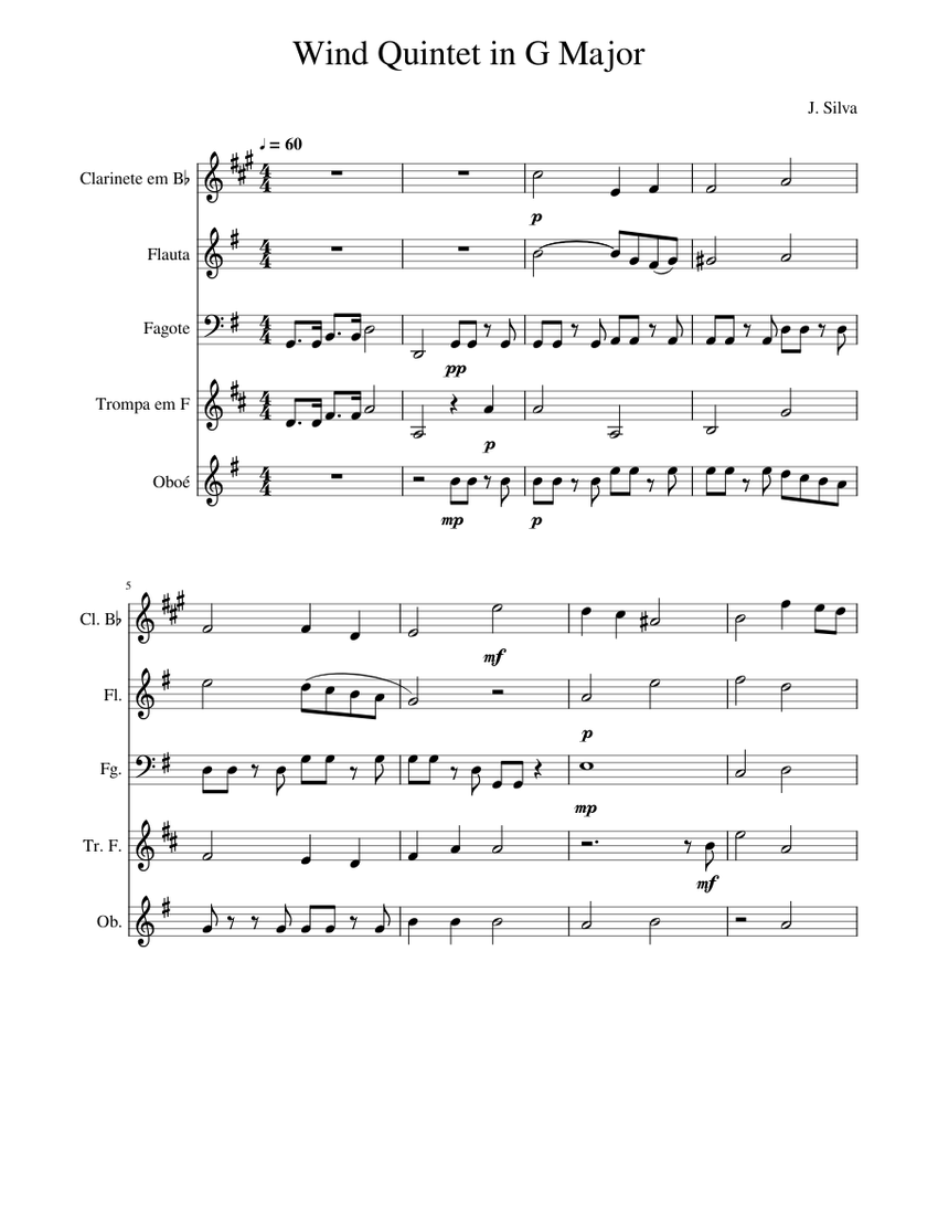 Wind Quintet in G Major Sheet Music for Flute, Oboe, Clarinet in b-flat ...