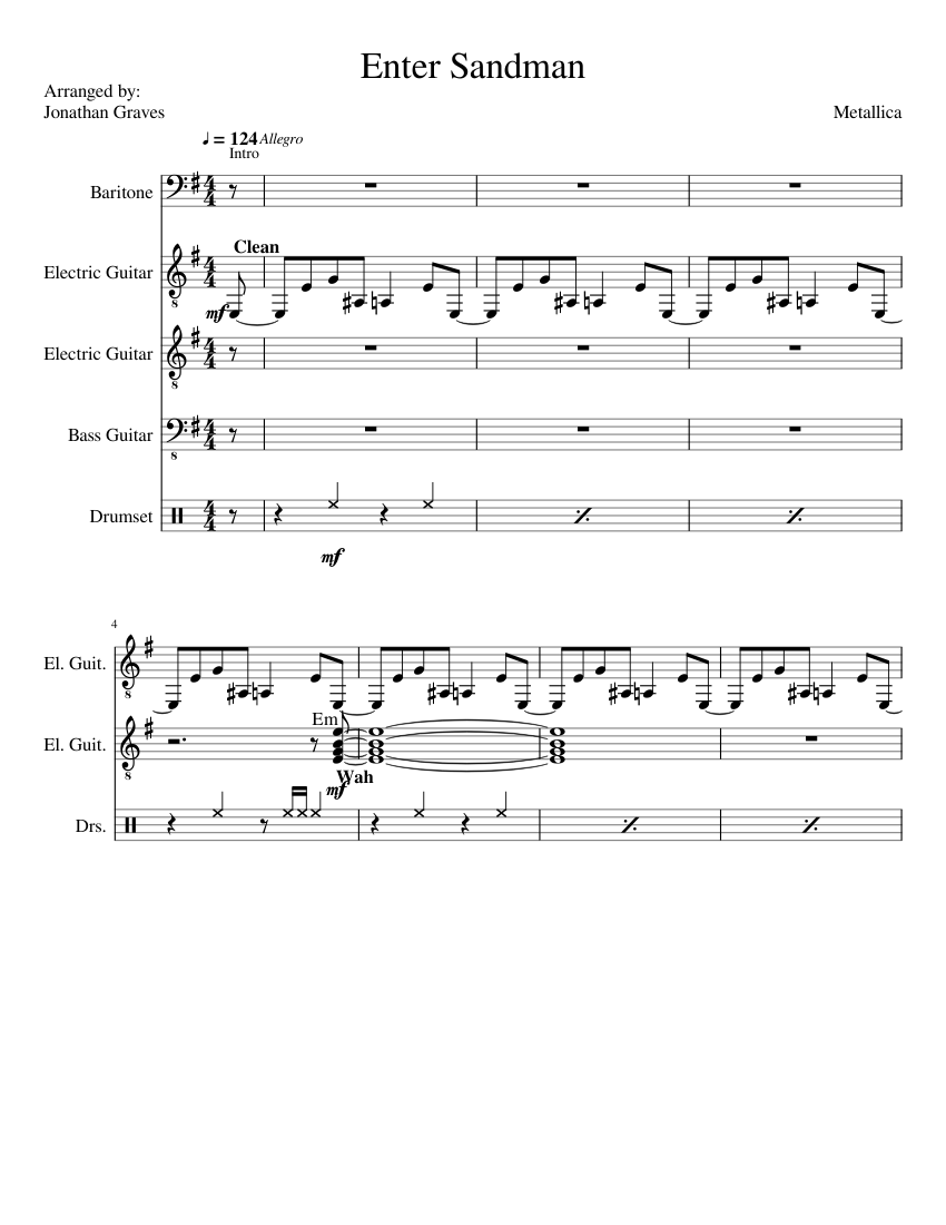 Enter Sandman Sheet Music with Chords for Baritone, Guitar, Bass guitar ...