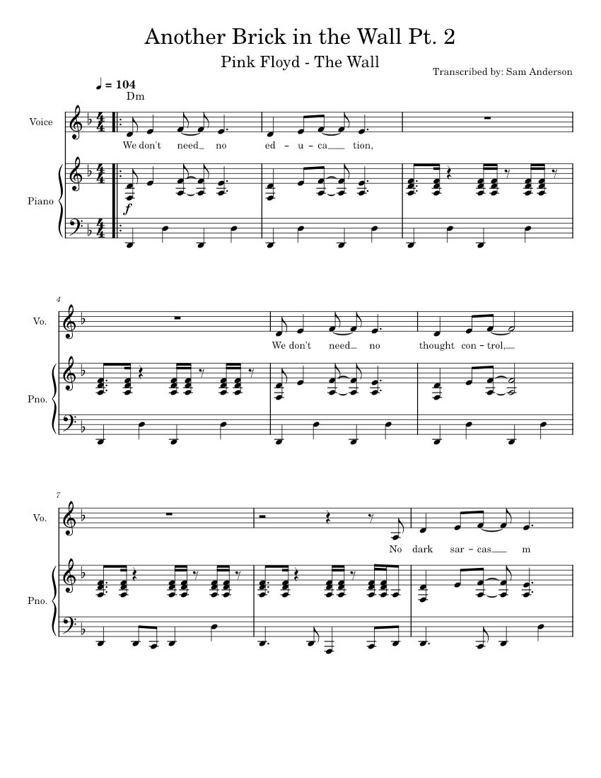 Another Brick in the Wall Pt. 2 Sheet music for Piano, Vocals (Solo ...