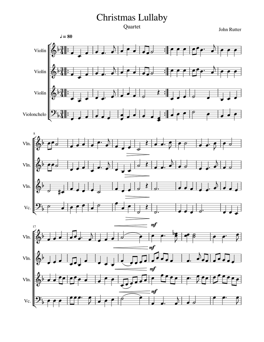 Christmas Lullaby Quartet- Jhon Rutter Sheet Music for Violin, Cello ...