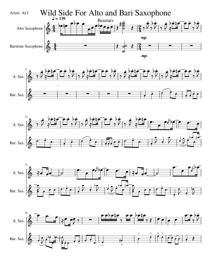 Wild Side For Alto and Bari Saxophone Sheet Music for Saxophone alto ...
