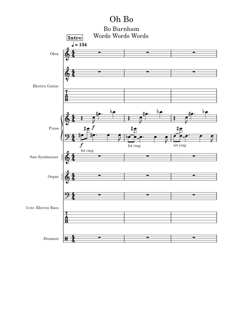Oh Bo – Bo Burnham Sheet Music and Tab for Piano, Organ, Oboe, Guitar ...