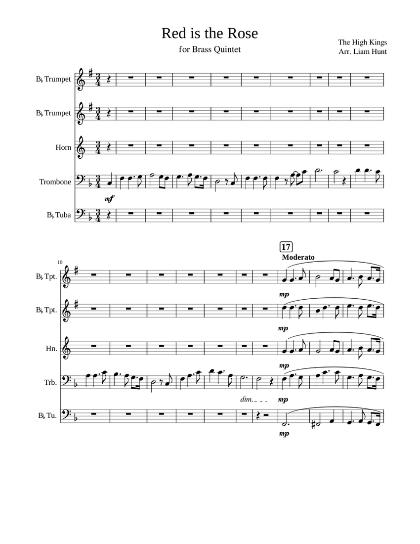 Red is the Rose for Brass Quintet - piano tutorial