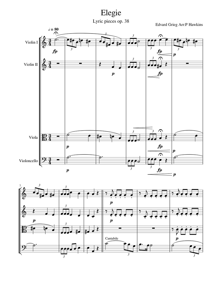 Elegie Sheet Music for Violin, Viola, Cello (String Quartet ...
