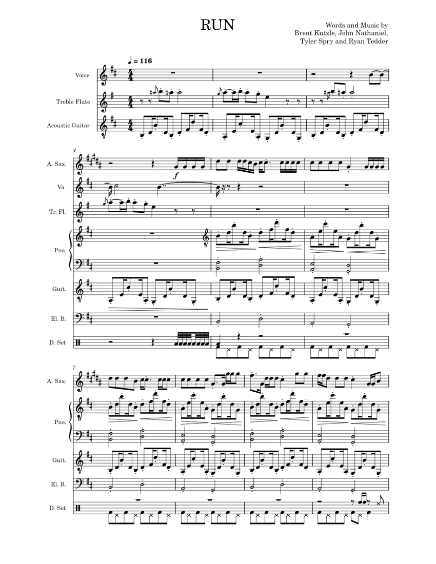 Run – OneRepublic Sheet Music for Piano, Vocals, Flute, Saxophone alto ...